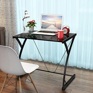 Tangkula Computer Desk Writing Table with Glass Top, Z-Shape Iron Frame Study Writing Desk with Adjustable Feet, Simple Laptop Desk Home Office Desk Computer Workstation