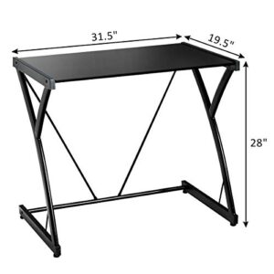 Tangkula Computer Desk Writing Table with Glass Top, Z-Shape Iron Frame Study Writing Desk with Adjustable Feet, Simple Laptop Desk Home Office Desk Computer Workstation