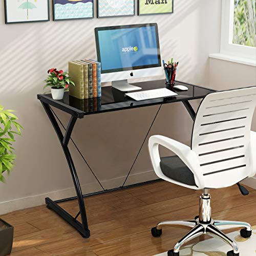 Tangkula Computer Desk Writing Table with Glass Top, Z-Shape Iron Frame Study Writing Desk with Adjustable Feet, Simple Laptop Desk Home Office Desk Computer Workstation