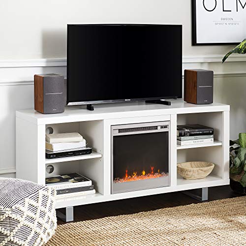 Walker Edison Modern Wood and Metal Fireplace TV Stand for TV's up to 64" Flat Screen Living Room Storage Shelves Entertainment Center, 58 Inch, White