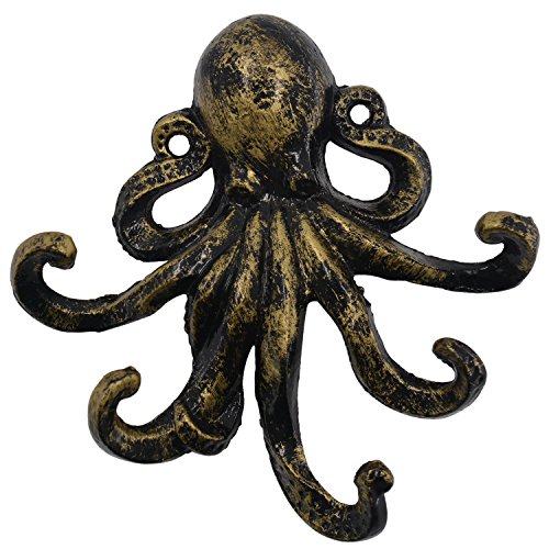 HERNGEE Octopus Key Hooks for Wall, Antique Bronze Cast Iron Decorative Wall Hook Animal Coat Hooks