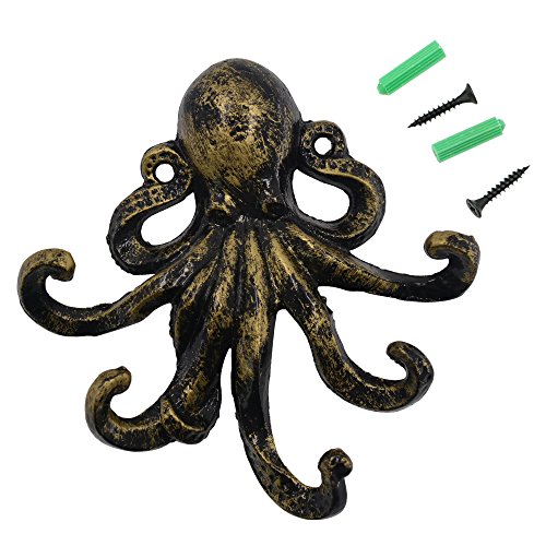 HERNGEE Octopus Key Hooks for Wall, Antique Bronze Cast Iron Decorative Wall Hook Animal Coat Hooks