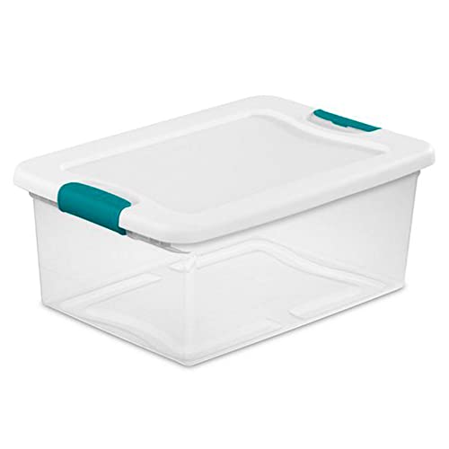 Sterilite+14948012+15+Quart+WhiteClear+Plastic+Storage+Box+With+Blue+Aquarium+Latches