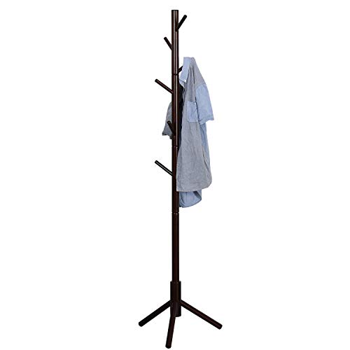 Vlush Sturdy Wooden Coat Rack Stand, Entryway Hall Tree Coat Tree with Solid Base for Hat,Clothes,Purse,Scarves,Handbags,Umbrella-(8 Hooks,Brown)