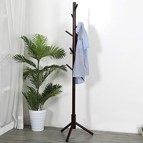 Vlush Sturdy Wooden Coat Rack Stand, Entryway Hall Tree Coat Tree with Solid Base for Hat,Clothes,Purse,Scarves,Handbags,Umbrella-(8 Hooks,Brown)