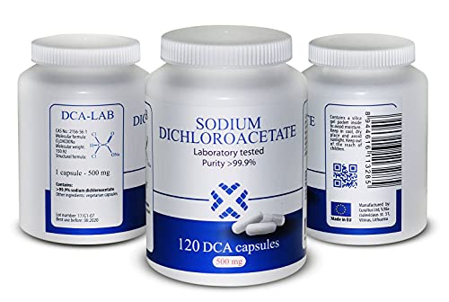 DCA - Sodium Dichloroacetate 500mg - Purity >99.9%, Made in Europe, by DCA-LAB, Certificate of Analysis Included, Tested in a Certified Laboratory, Buy Directly from Manufacturer, 120 Capsules