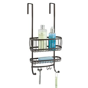 mdesign metal wire over door bathroom tub & shower bath caddy, hanging storage organizer center - holds shampoo, conditioner, body wash, razor, towel - 2 baskets, 6 hooks - hyde collection - bronze