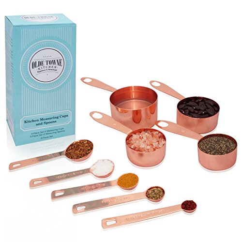 MEKBOK stainless steel measuring cup and spoon set (9-piece set) 4 cups and 5 spoons, copper-plated stainless steel, dry measuring cup, stainless steel and liquid metal measuring cup