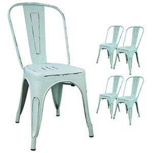 devoko metal indoor-outdoor chairs distressed style kitchen dining chairs stackable side chairs with back set of 4 (blue)