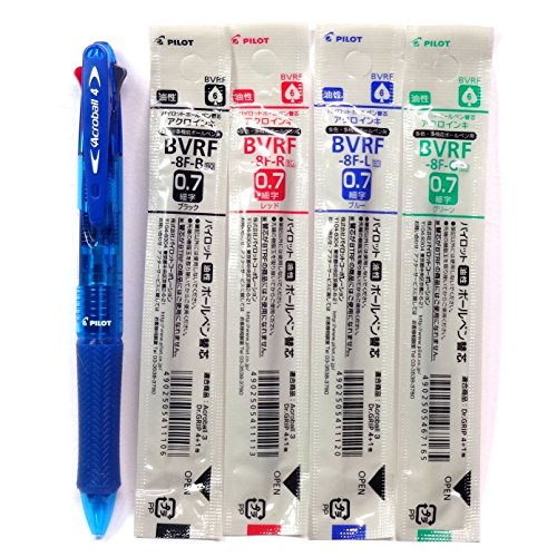 PILOT Acroball 4 Multi Color Ballpoint Pen, 0.7mm, Clear Blue Body + 4 Color Ink Refills (Black, Red, Blue & Green)