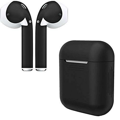 AirPod Charging Protective Case Silicone Cover and Stylish Protective Skins Bundle (Black Case & Matte Black Skin)