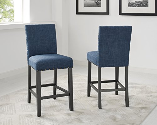 Biony Blue Fabric Counter Height Stools with Nailhead Trim, Set of 2