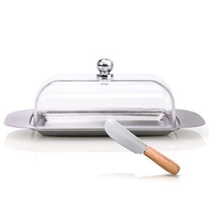 ALL GREEN Butter Dish with Lidand Knife Stainless-Steel Metal Saucer with Unbreakable Clear Plastic Lid Covered Butter Dish. Deluxe Butter Keeper, Container and Spreading Knife (clear).