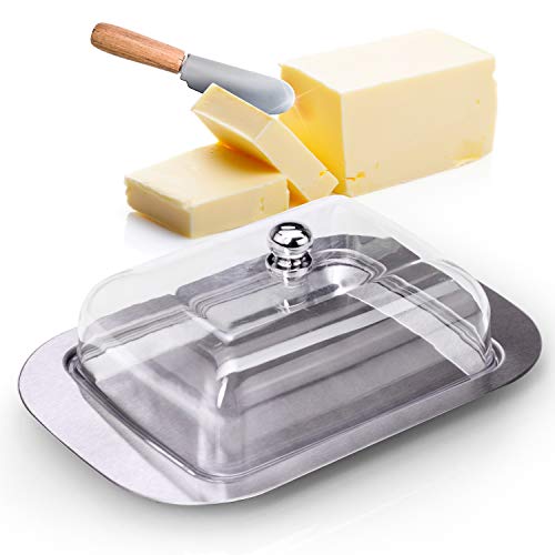 ALL GREEN Butter Dish with Lidand Knife Stainless-Steel Metal Saucer with Unbreakable Clear Plastic Lid Covered Butter Dish. Deluxe Butter Keeper, Container and Spreading Knife (clear).