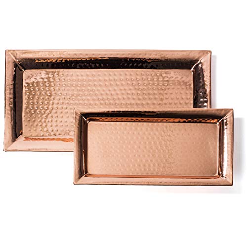 Colleta Home Hammered Tray – Set of 2, Serving Platter 16x8 Inch, Rectangular Serving Dish 12x6 Inch, Pure Copper, Stackable - Nesting Trays (2 Pack Copper Rectangle)