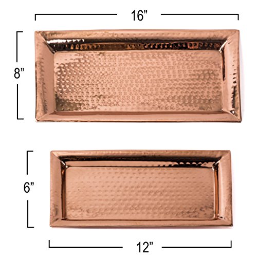 Colleta Home Hammered Tray – Set of 2, Serving Platter 16x8 Inch, Rectangular Serving Dish 12x6 Inch, Pure Copper, Stackable - Nesting Trays (2 Pack Copper Rectangle)