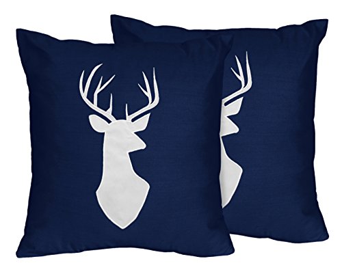 Sweet Jojo Designs Navy White Deer Decorative Accent Throw Pillows for Navy Blue, Mint and Grey Woodsy Boys Bedding Sets - Set of 2