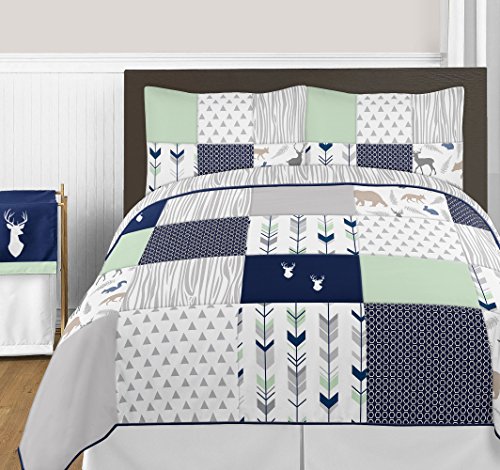 Sweet Jojo Designs Navy White Deer Decorative Accent Throw Pillows for Navy Blue, Mint and Grey Woodsy Boys Bedding Sets - Set of 2