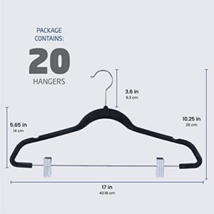 Zober Velvet Hangers with Clips - Pack of 20 Metal Clip Hangers for Pants - Notched Black Velvet Skirt Hangers for Pants, Skirts, Suits, Dresses & Shirts w/ 360 Degree Hook - Non Slip Felt Hangers