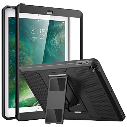 MoKo Case Fit 2018/2017 iPad 9.7 6th/5th Generation - [Heavy Duty] Shockproof Full Body Rugged Hybrid Cover with Built-in Screen Protector Compatible with Apple iPad 9.7 Inch 2018/2017, Black