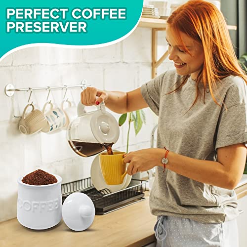 Kovot Ceramic Coffee Canister - Embossed Coffee Jar with Air-Sealed Lid - Best Coffee Preserver - Airscape Coffee Container - Easy to Wash, Color: Ivory White, Measures: 6”H