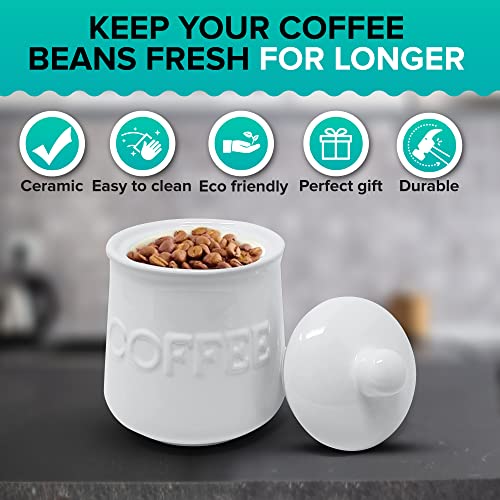 Kovot Ceramic Coffee Canister - Embossed Coffee Jar with Air-Sealed Lid - Best Coffee Preserver - Airscape Coffee Container - Easy to Wash, Color: Ivory White, Measures: 6”H