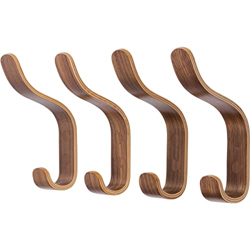 Plywood Wall Hooks Set of 4 Wood Coat Hooks Hanging Clothes Hats Robes Towels Walnut Wooden