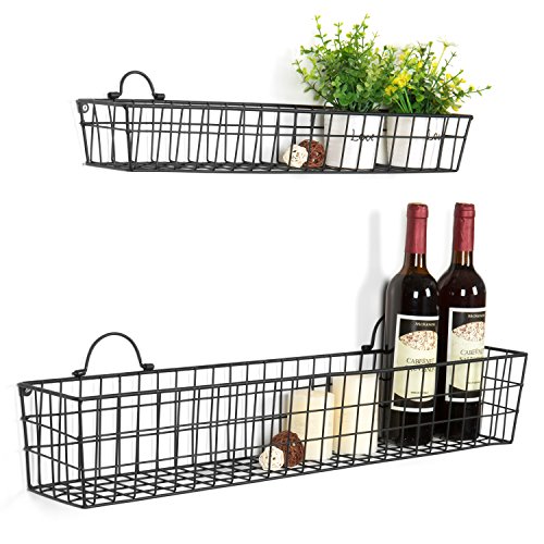 MyGift Country Rustic Wall Mounted Black Metal Wire Storage Baskets Display Racks, Set of 2