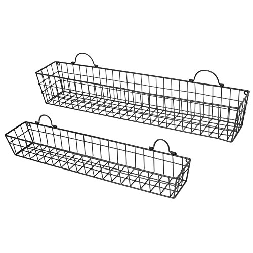 MyGift Country Rustic Wall Mounted Black Metal Wire Storage Baskets Display Racks, Set of 2