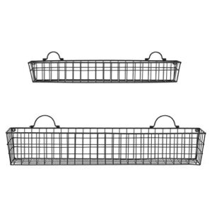 MyGift Country Rustic Wall Mounted Black Metal Wire Storage Baskets Display Racks, Set of 2