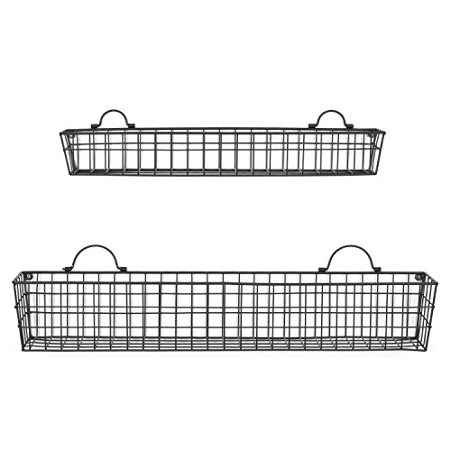 MyGift Country Rustic Wall Mounted Black Metal Wire Storage Baskets Display Racks, Set of 2