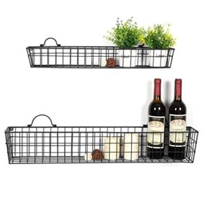 MyGift Country Rustic Wall Mounted Black Metal Wire Storage Baskets Display Racks, Set of 2