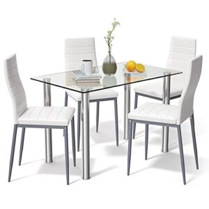 Tangkula 5 PCS Dining Table Set, Modern Tempered Glass Top and PVC Leather Chair w/4 Chairs, Dining Room Kitchen Furniture (White and Silver)