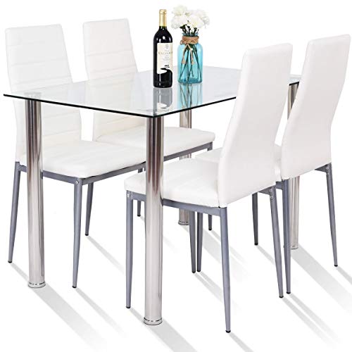 Tangkula 5 PCS Dining Table Set, Modern Tempered Glass Top and PVC Leather Chair w/4 Chairs, Dining Room Kitchen Furniture (White and Silver)