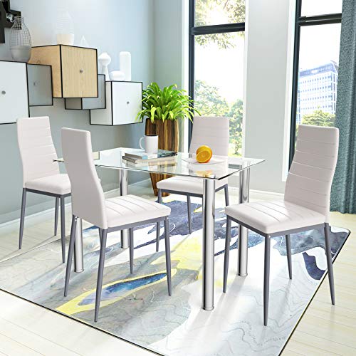 Tangkula 5 PCS Dining Table Set, Modern Tempered Glass Top and PVC Leather Chair w/4 Chairs, Dining Room Kitchen Furniture (White and Silver)