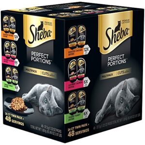 sheba perfect portions cuts in gravy adult wet cat food trays (24 count, 48 servings), roasted chicken, gourmet salmon and tender turkey entrée, easy peel twin-pack trays