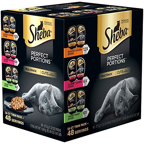 SHEBA PERFECT PORTIONS Cuts in Gravy Adult Wet Cat Food Trays (24 Count, 48 Servings), Roasted Chicken, Gourmet Salmon and Tender Turkey Entrée, Easy Peel Twin-Pack Trays