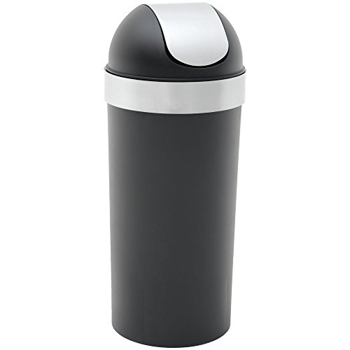 HUBERT Plastic Trash Receptacle with Swing Lid 16 1/2 gal Black / Silver - 14 1/2" Dia x 35" H