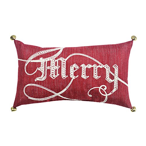 Comfy Hour Joyful Holiday Collection Merry Christmas with Four Bells Throw and Accent Pillow, Fashionable Cushion, Winter Decoration, Red, 14"x8"x5", Polyester