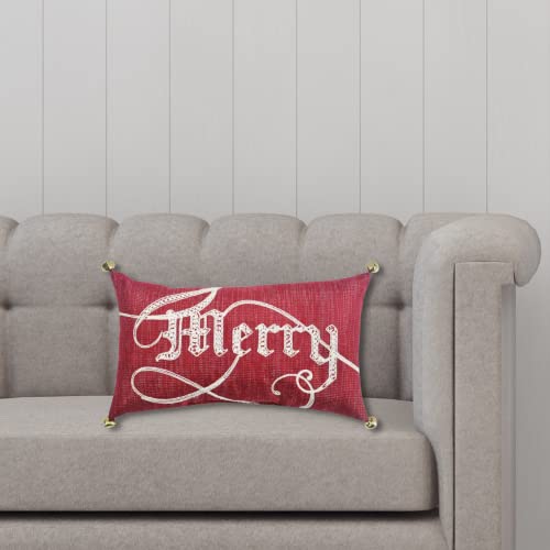 Comfy Hour Joyful Holiday Collection Merry Christmas with Four Bells Throw and Accent Pillow, Fashionable Cushion, Winter Decoration, Red, 14"x8"x5", Polyester