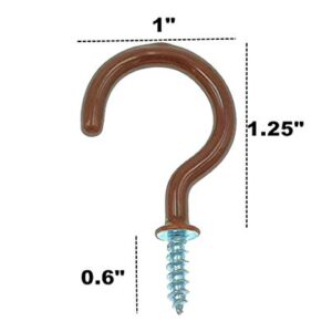 Kinteshun Cup Ceiling Hooks,Medium Size Vinyl Coated Screw-in Open Hooks Hangers(50pcs,1.25 inches,Brown)