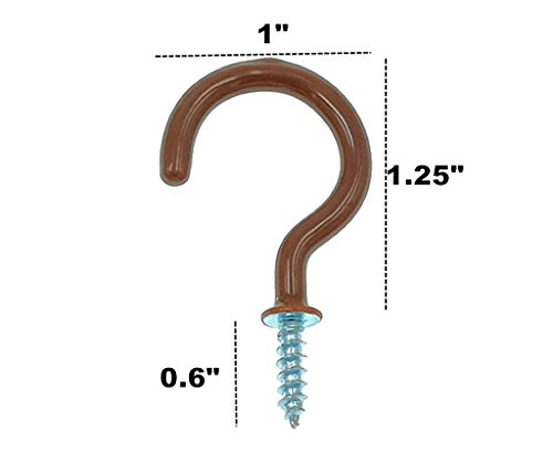 Kinteshun Cup Ceiling Hooks,Medium Size Vinyl Coated Screw-in Open Hooks Hangers(50pcs,1.25 inches,Brown)