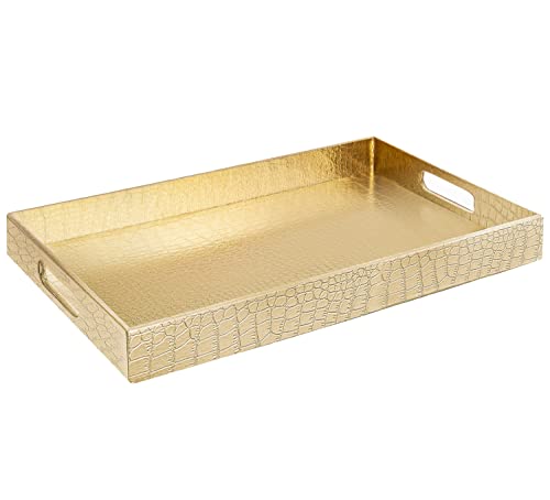 Home Redefined 18”x12” Rectangle Alligator Faux Leather Decorative Serving Tray with Handles, Gold