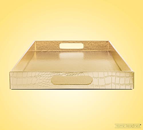 Home Redefined 18”x12” Rectangle Alligator Faux Leather Decorative Serving Tray with Handles, Gold