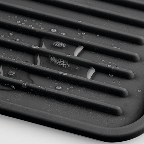 mDesign Silicone Dish Drying Mat - Protector for Kitchen Countertop, Sink - Ribbed Design, Raised Edges, Non-Slip, Waterproof, Heat Resistant, Dishwasher Safe, Small, Linelle Collection, Black