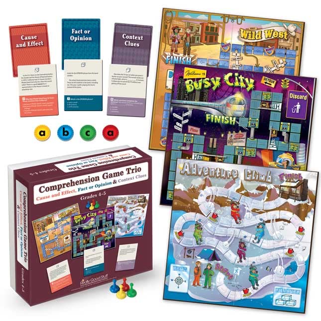 Really Good Stuff Comprehension Board Game Trio (3 Games): Cause and Effect, Fact or Opinion & Context Clues – Grades 4–5