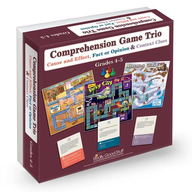 Really Good Stuff Comprehension Board Game Trio (3 Games): Cause and Effect, Fact or Opinion & Context Clues – Grades 4–5