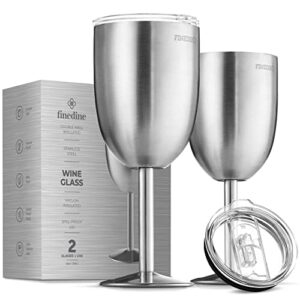 finedine stainless steel drinking cup, wineglasses, double-walled insulated unbreakable goblets, bpa-free leak-resistant lid for red white wine, brushed metal, 12 ounces