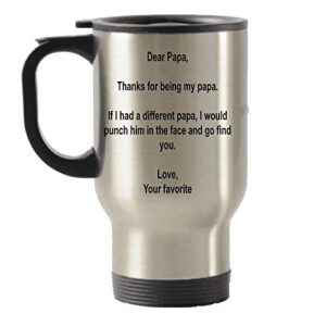 spreadpassion dear papa, thanks for being my papa, papa coffee tumbler mug, papa travel mug, papa 14oz stainless steel mug, papa travel coffee cup, papa birthday christmas gift idea