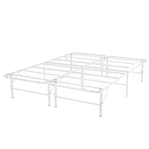 IdealBase 14" Metal Bed Frame Queen Size Heavy Duty Foldable Bed Frame Folding Bed Frame with Steel Metal Slats Mattress Foundation Box Spring Replacement 600lbs Capacity Queen Bed Frame Size, White